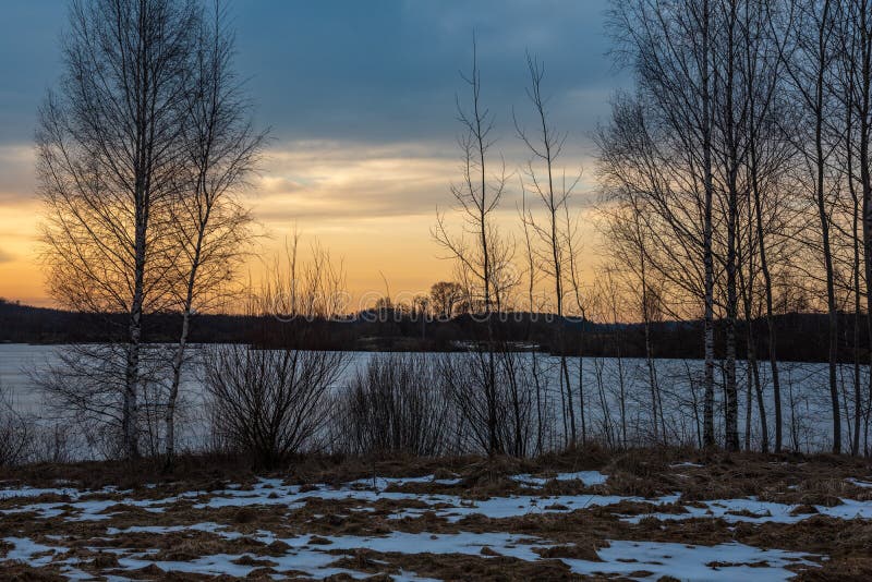 Orange Red Sunset in Winter in Woods Stock Image - Image of nature ...