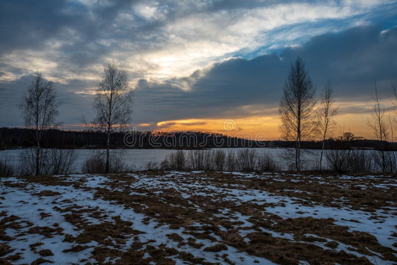 Orange Red Sunset in Winter in Woods Stock Photo - Image of snow ...