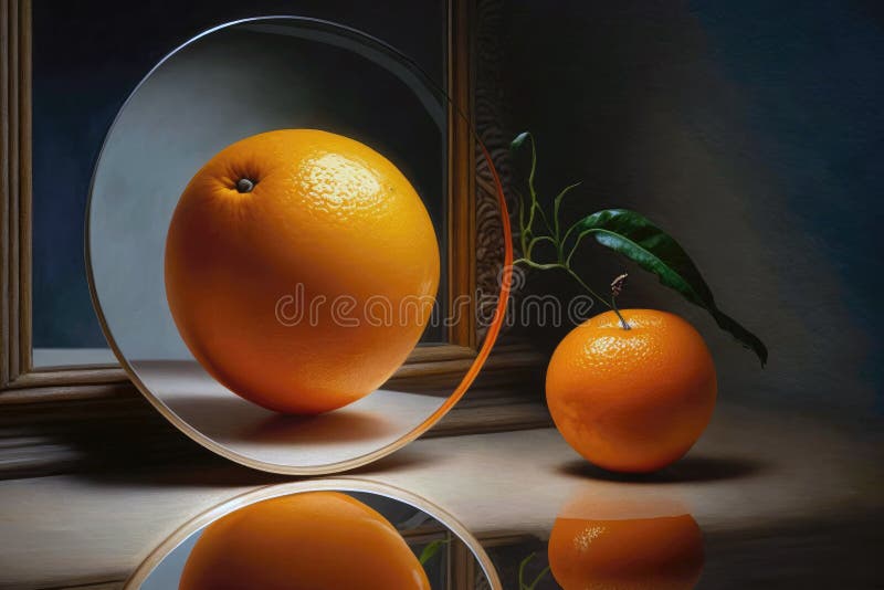 An Orange is Reflected in the Mirror. Generative AI Stock Illustration ...