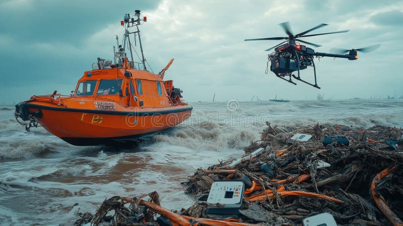 Orange Rescue Boat and Helicopter Over Rough Sea Stock Illustration ...