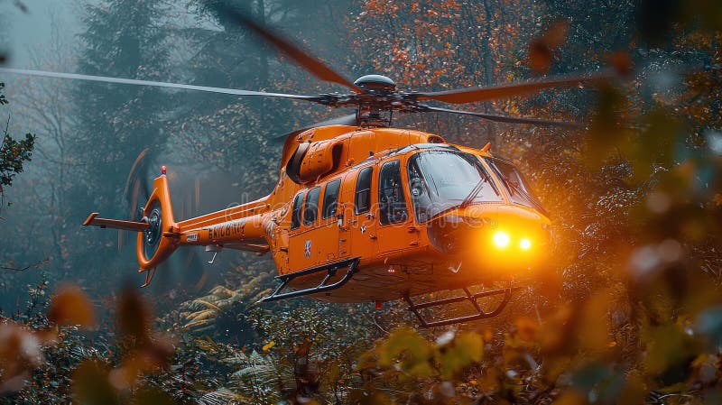 Orange Rescue Helicopter Flying through the Trees Stock Illustration ...