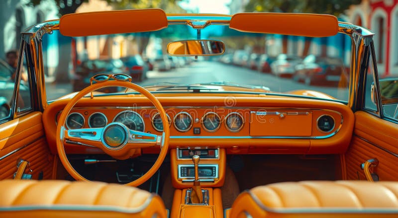 Orange Retro Car Interior and Dashboard on Sunny Day Stock Image ...