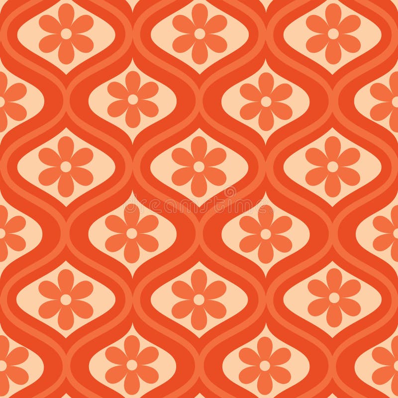 Retro Orange Flower on Mid Century Ogee Seamless Pattern. Stock Vector ...
