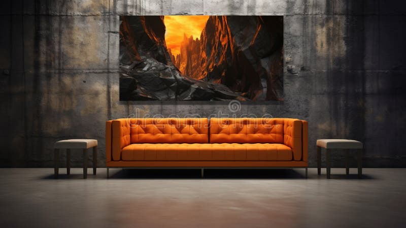 Orange Retro Shiny Leather Couch Dramatic Interior Background Stock ...