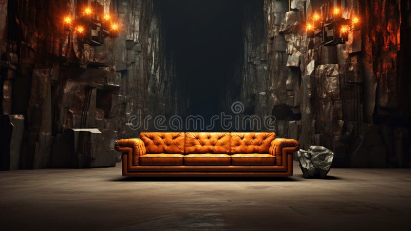 Orange Retro Shiny Leather Couch Dramatic Interior Background Stock ...