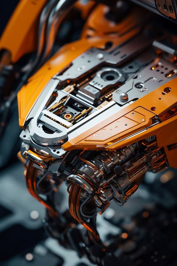 Orange Robot Arm Assembling Computer Chip Parts at Factory. Generative ...