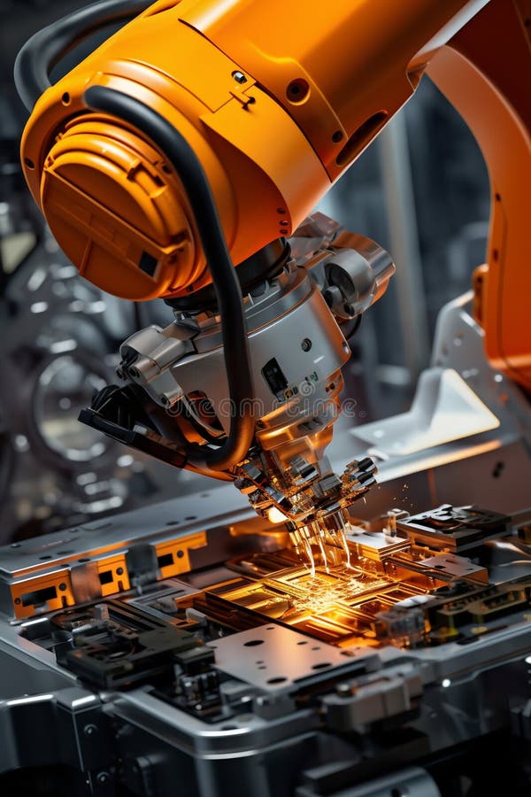 Orange Robot Arm Assembling Computer Chip Parts at Factory. Generative ...