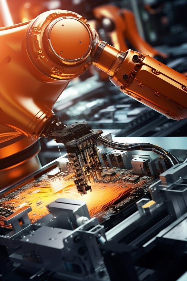 Orange Robot Arm Assembling Computer Chip Parts at Factory. Generative ...