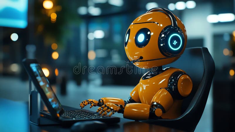 Orange Robot with Headset Operating Laptop in Office Environment Stock ...