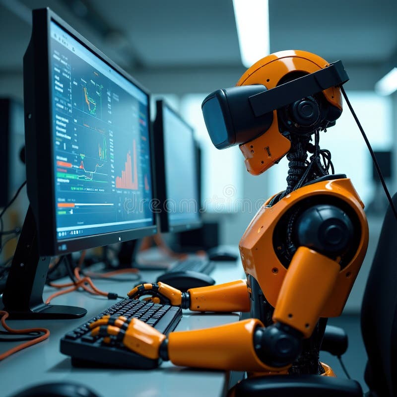 Orange Robot in HighTech VR Lab Conducts Advanced Data Analysis Visualizing Complex Information ...