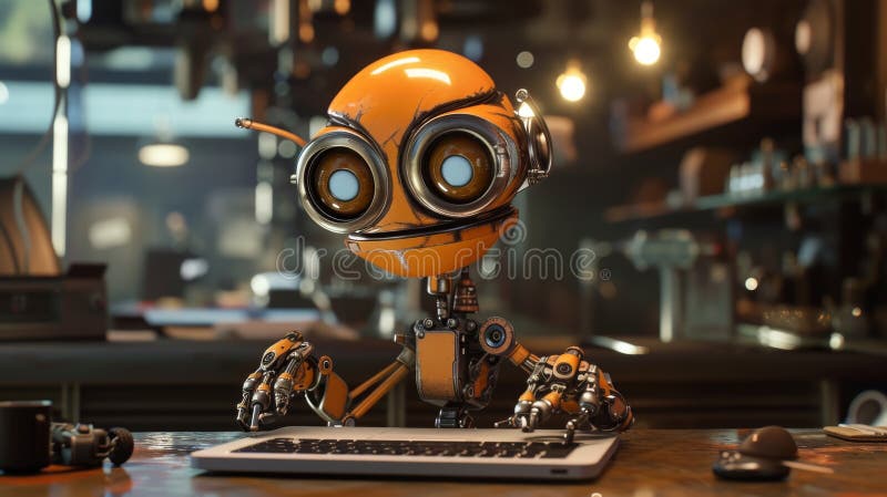 Orange Robot with Large Eyes Working at a Laptop in a Cozy Setting ...