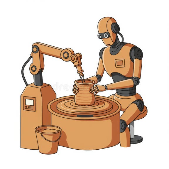 Orange Robot Using Robotic Arm To Create Pottery Stock Illustration ...