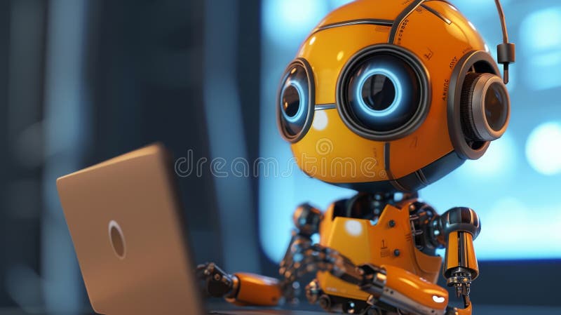 Orange Robot Working on a Laptop in a Futuristic Setting Stock ...