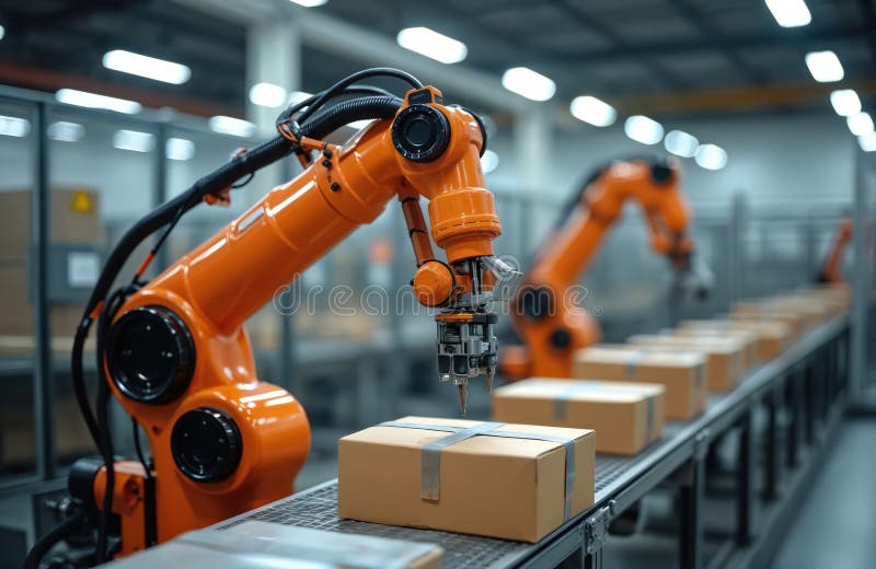 Orange Robotic Arm Assembles Delivery Boxes on Conveyor Belt in Modern ...