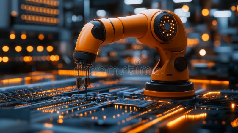 Orange Robotic Arm Assembling Circuit Board Stock Illustration ...