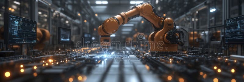Orange Robotic Arm Assembling in a Digital Factory Stock Illustration ...