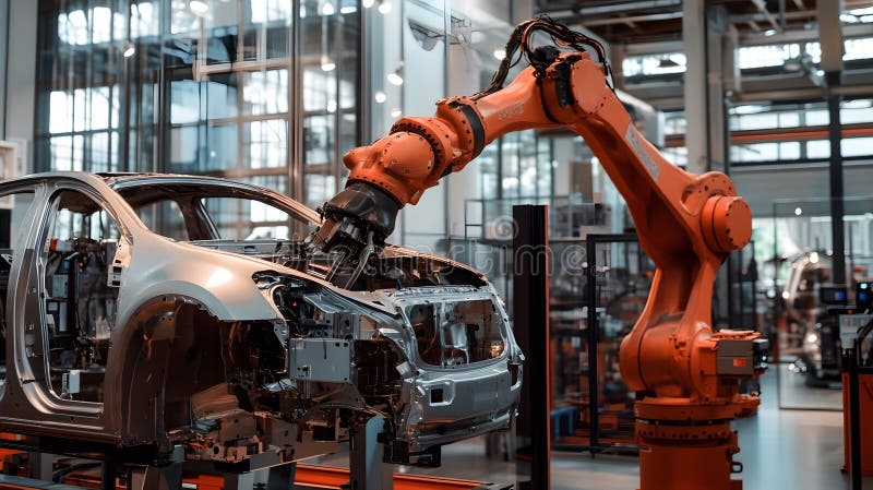 Orange Robotic Arm Assembling Silver Car Chassis in Modern Factory ...