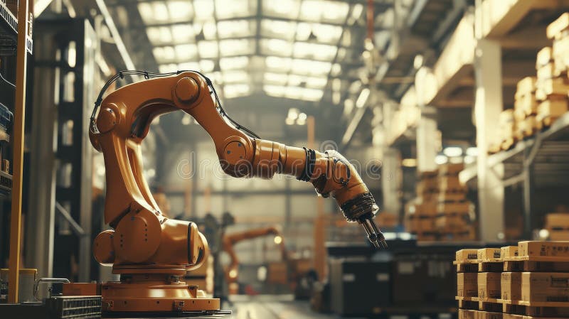 Orange Robotic Arm Efficiently Managing Warehouse Tasks Stock ...