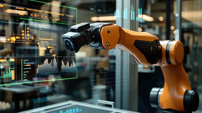 Robotic Arm Analyzing Data on Transparent Digital Display in Factory ...