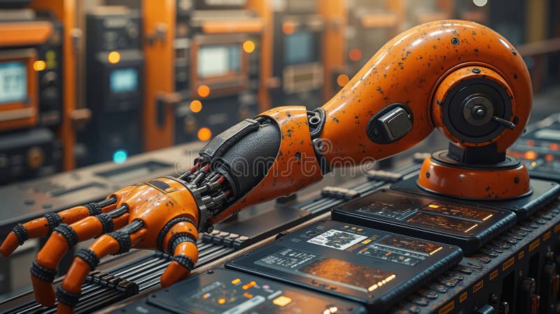 An Orange Robotic Arm is Working on a Control Panel Stock Photo - Image ...