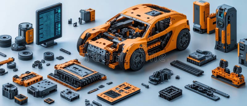 Orange Robotic Model Car with Assorted Mechanical Parts and Components ...
