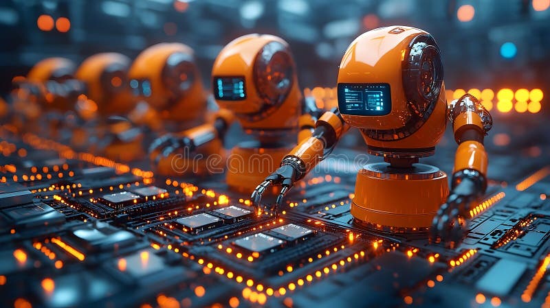 Orange Robots Assembling Futuristic Circuit Board Stock Illustration ...
