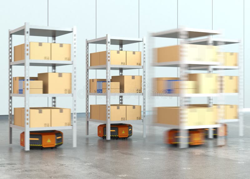 Orange Robots Carrying Pallets with Goods in Modern Warehouse Stock ...