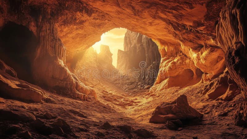 Orange Rock Cave Interior with Sunset Light Stock Illustration ...