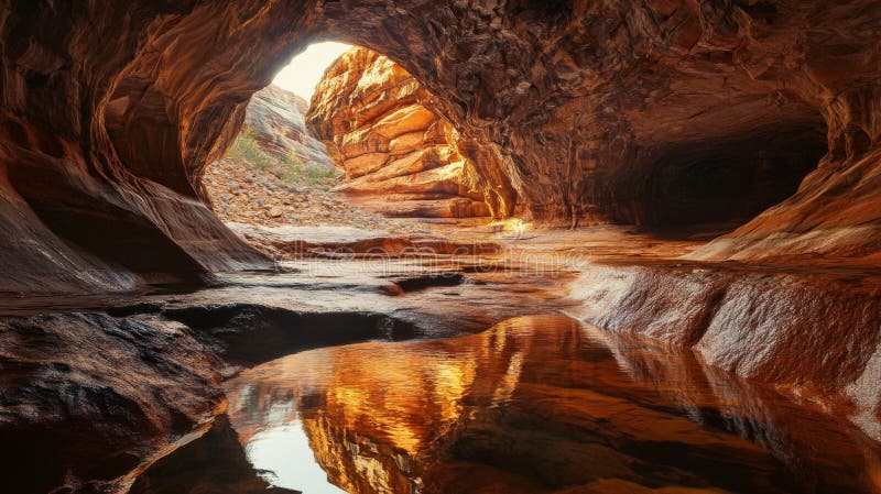 Orange Rock Cave with Water Reflection Stock Illustration ...