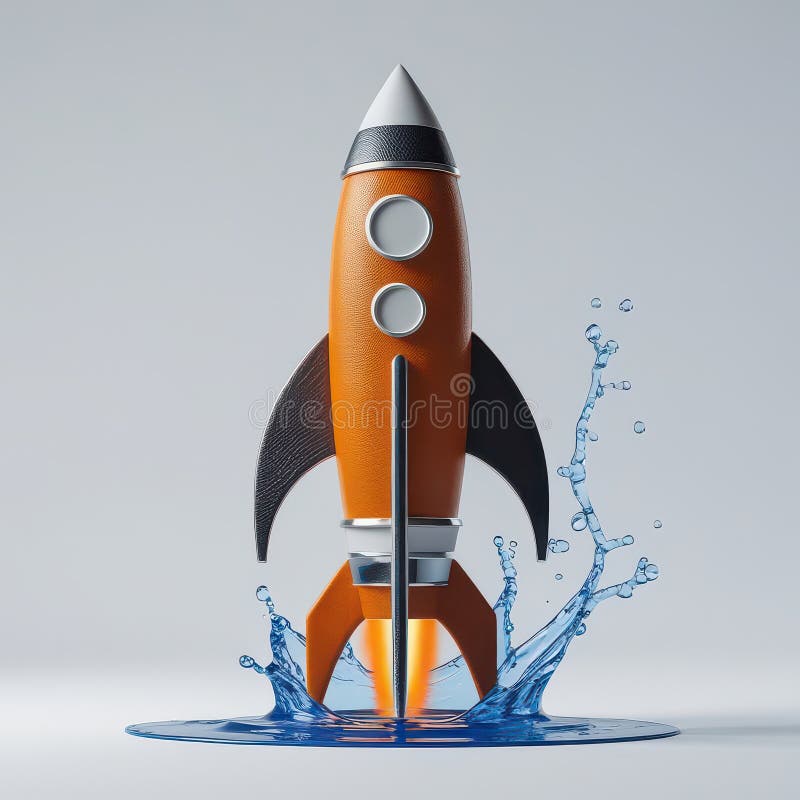 Orange Rocket Blasting Off through a Water Splash Spaceship Launch ...
