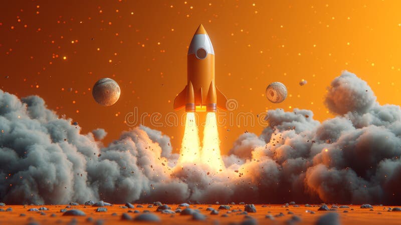 Orange Rocket Launch on a Distant Planet with Two Moons in a Vibrant ...