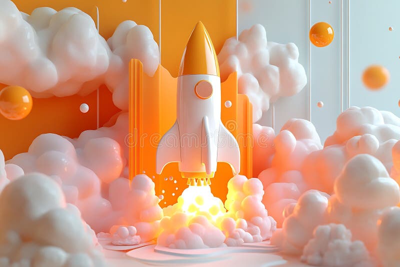 Orange Rocket Launch through White Clouds Stock Illustration ...