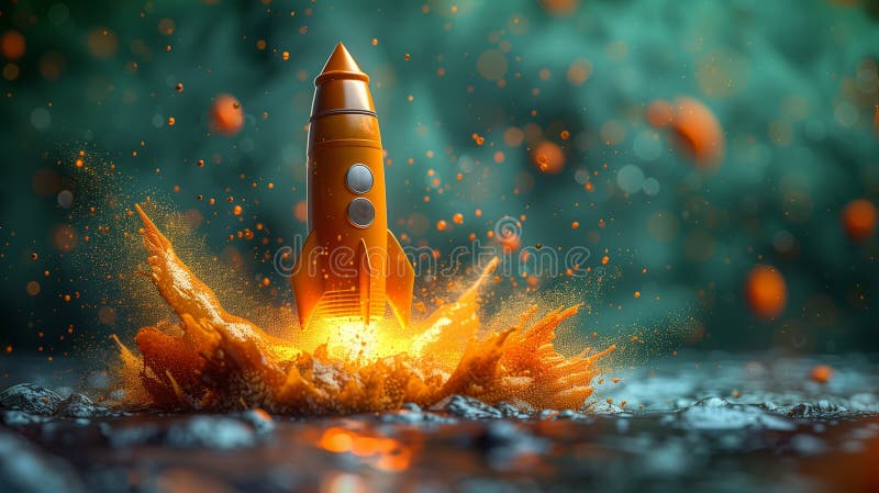 Orange Rocket Launching through a Burst of Fire and Water Stock Photo ...
