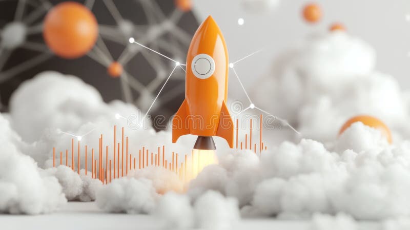 Orange Rocket Launching through Clouds with Data Visualization Concept ...