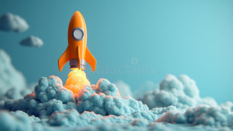 Orange Rocket Launching among Fluffy Clouds in a Blue Sky, Whimsical ...