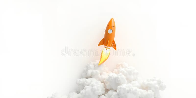 Orange Rocket Launching with Smoke on a White Background in a ...