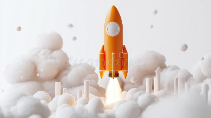 Orange Rocket Launching from White Fluffy Clouds with City Skyline ...