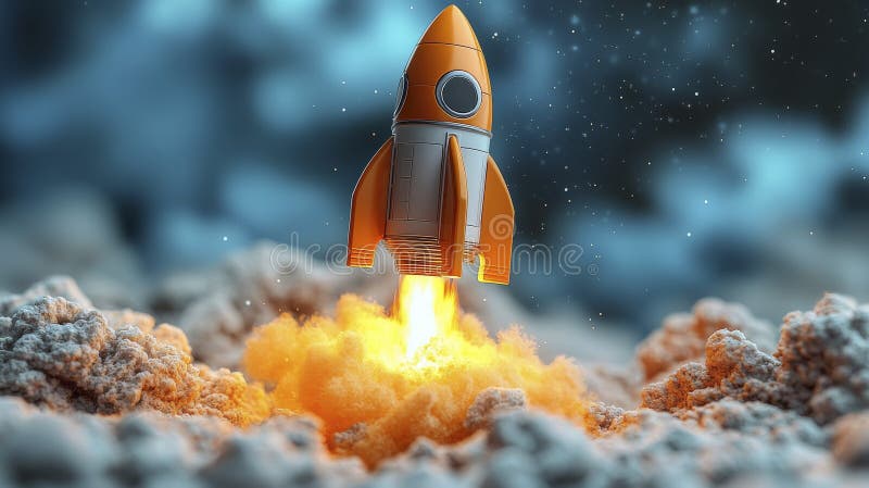 Orange Rocket Taking Off with Fiery Clouds Stock Illustration ...