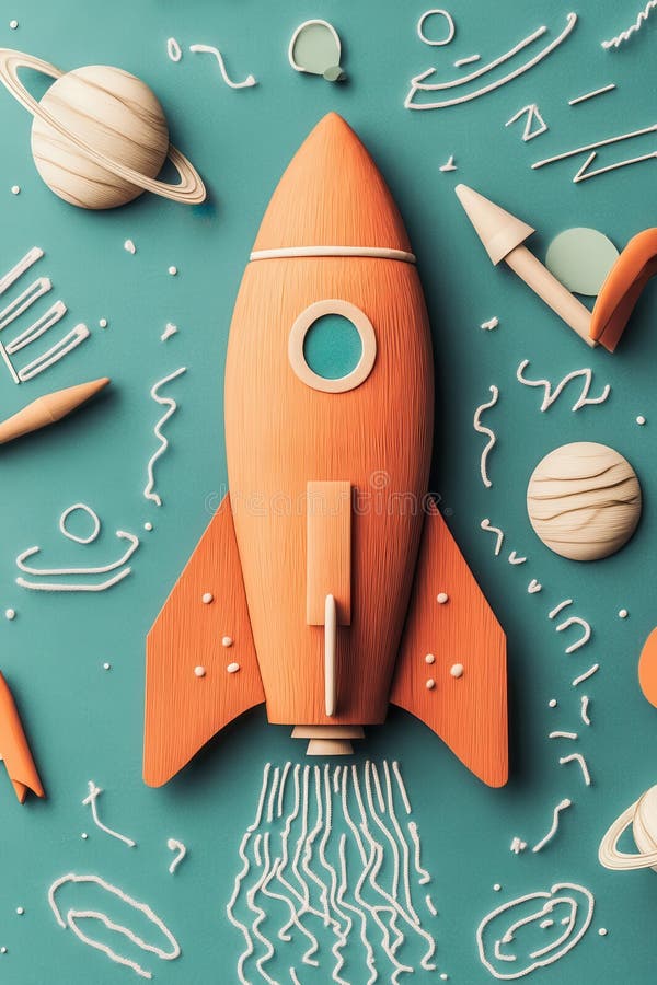 Orange Rocket Model Soaring through a Celestial Scene with Planet Forms ...