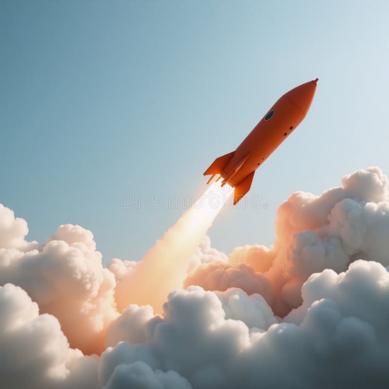 An Orange Rocket Takes Off Amidst Swirling Clouds Against a Pristine ...