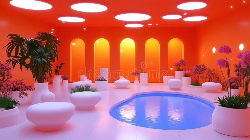 Orange Room Interior Design with Pool Stock Image - Image of colors ...