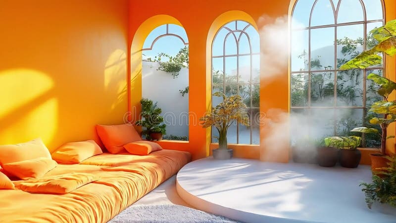 Orange Room Sunlit Platform Plants Arched Windows Product Display Stock ...