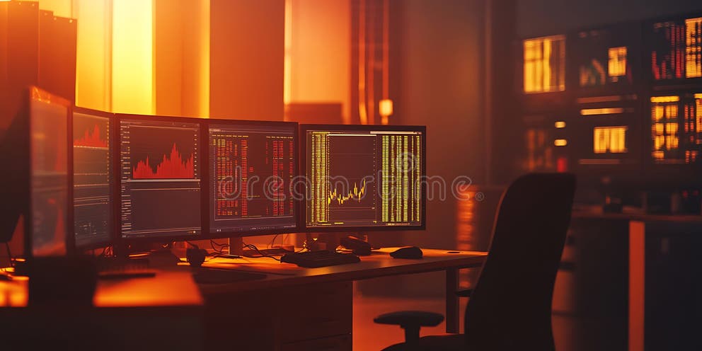 Orange Room Tech Setup Computer Monitors Data Analysis Stock ...