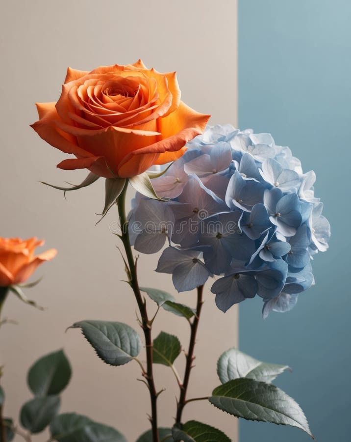 Orange Rose and Blue Hydrangea with Complementary Background a Study in ...