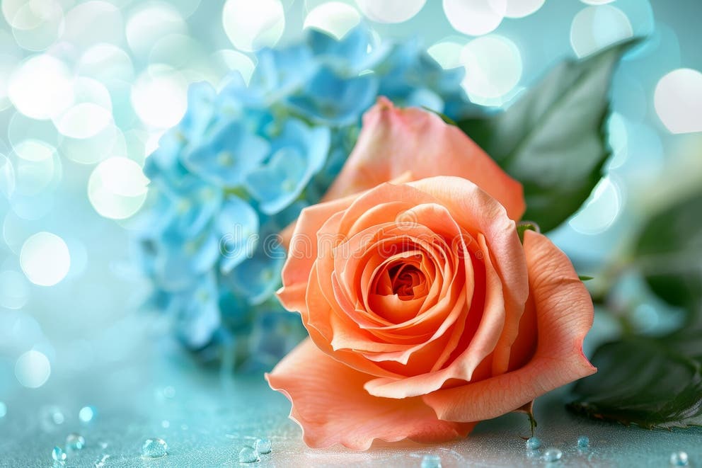 Orange Rose and Blue Hydrangea on a Sparkling Background a Study in ...
