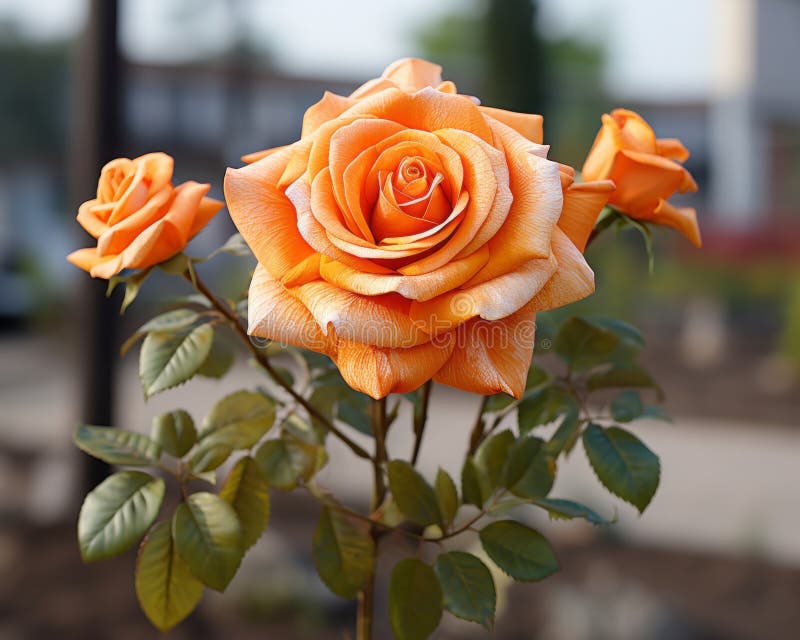 An Orange Rose in the Middle of a Flower Bed Stock Illustration ...