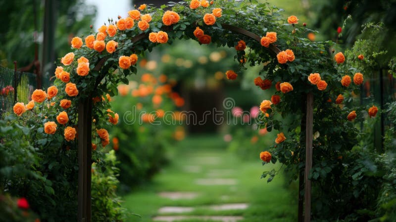 Orange Roses Arching Over Garden Path Stock Illustration - Illustration ...