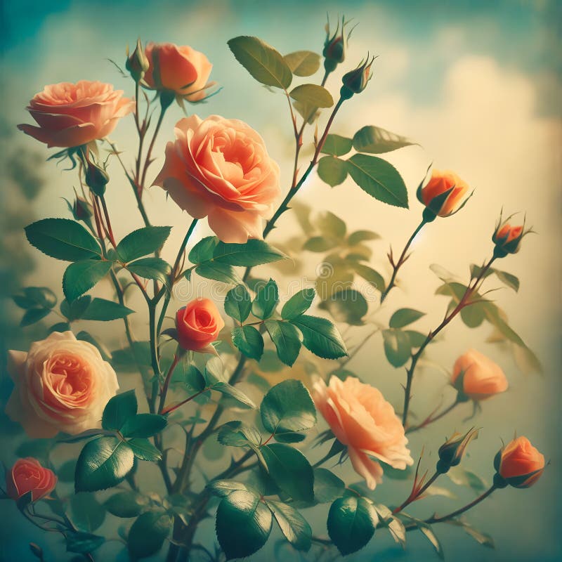 Orange Roses in a Rose Tree Stock Illustration - Illustration of plants ...
