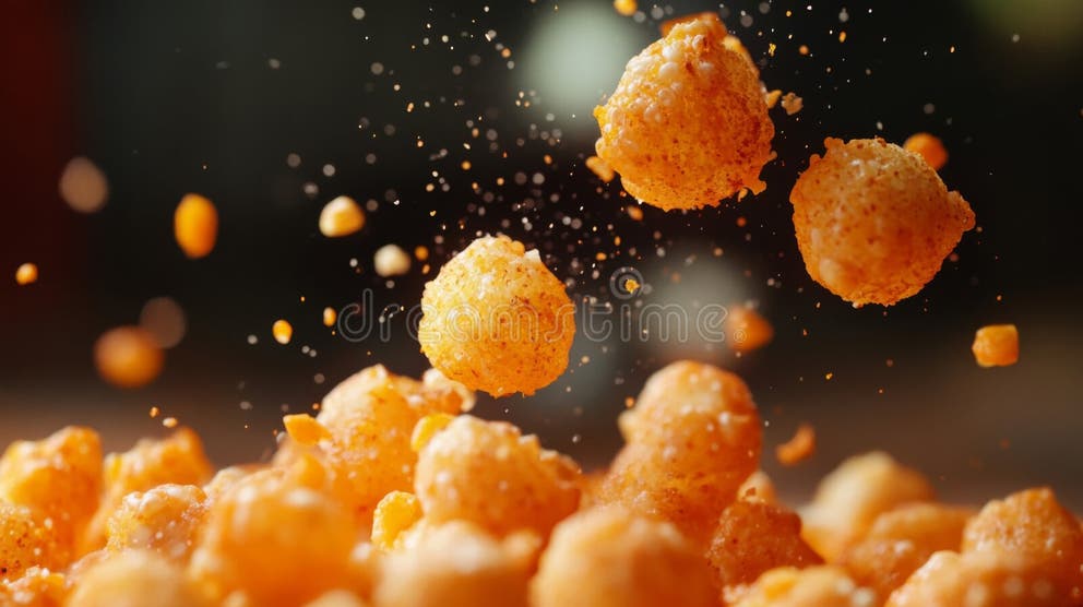 Orange Round Crispy Snacks Falling on Wooden Surface Stock Illustration ...