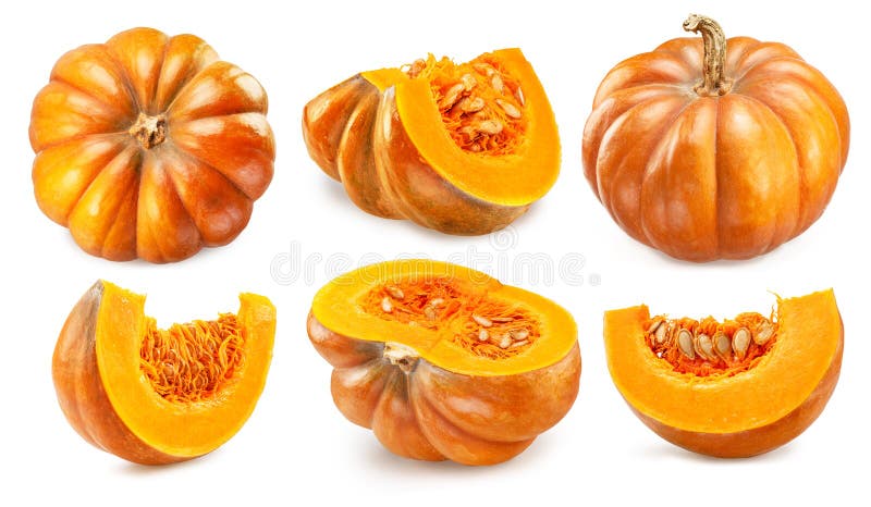 Orange Round Pumpkins and Pumpkin Slices Isolated on White Background ...